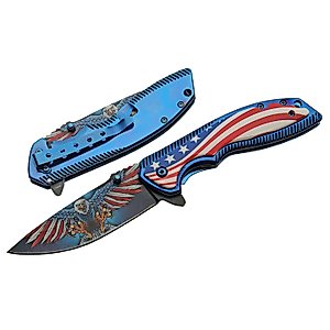 SZCO 8.25” American Eagle Titanium Finished Handled EDC Folding Knife With Pocket Clip, Red, White & Blue (300583)