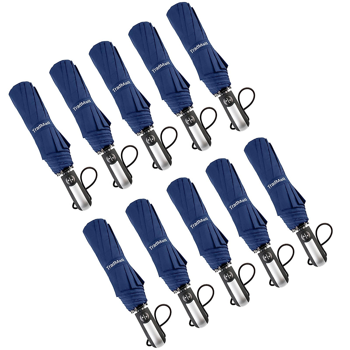 TradMall 10 Pack Bulk Umbrellas Travel Windproof Portable Compact Large Canopy Ergonomic Handle Auto Open & Close, Blue