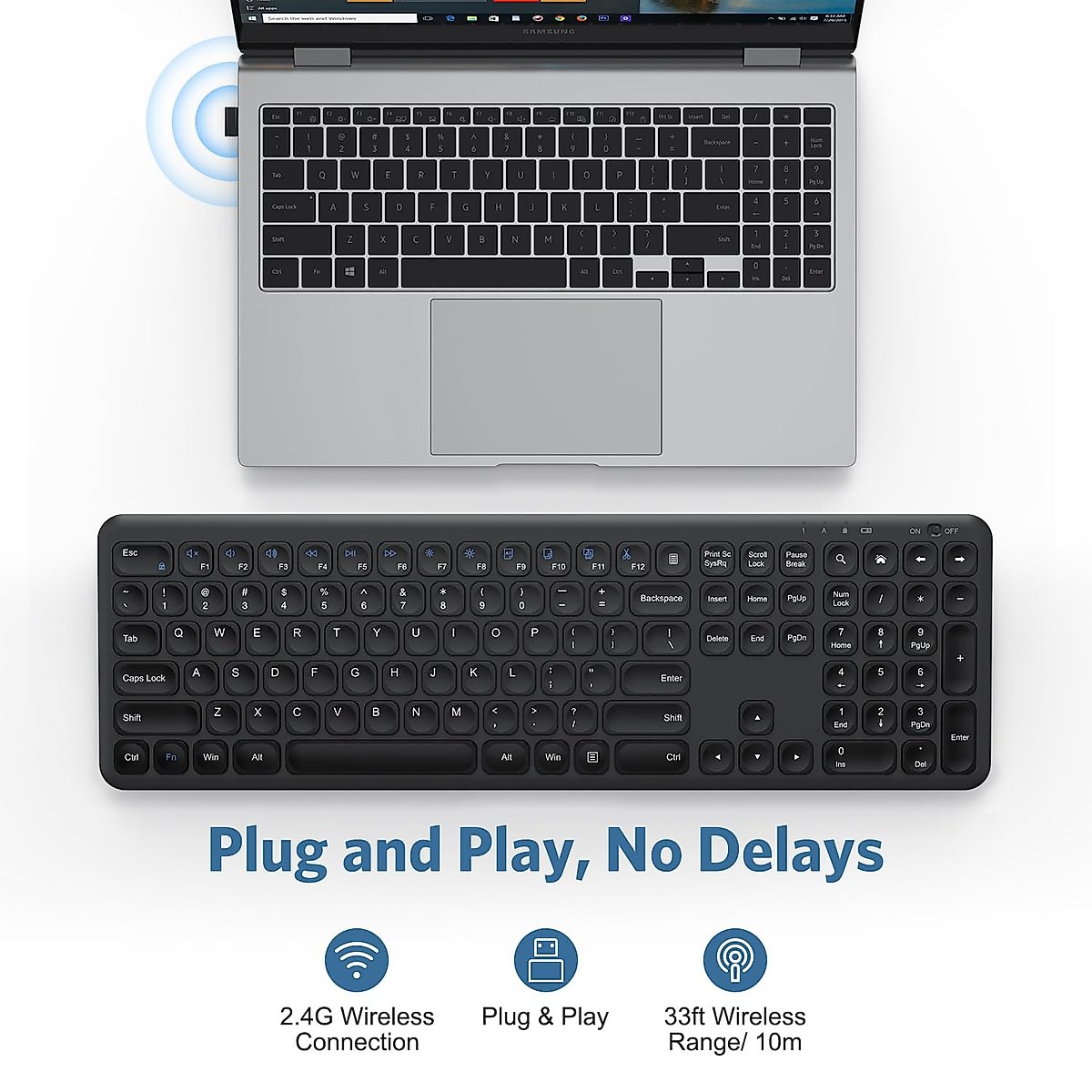 OMOTON Wireless Keyboard, 2.4G Silent Computer Keyboard, Ultra Slim Full Size Ergonomic Keyboard with Numeric Keypad and Media Hotkeys Compatible with Windows, PC, Computer, Notebook, Laptop, Black