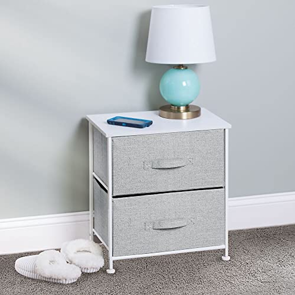 mDesign Small Storage Dresser End/Side Table Night Stand with 2 Removable Fabric Drawers - Organizer for Bedroom, Living Room, Closet - Hold Clothes, Linens, Accessories, Lido Collection, Gray/White
