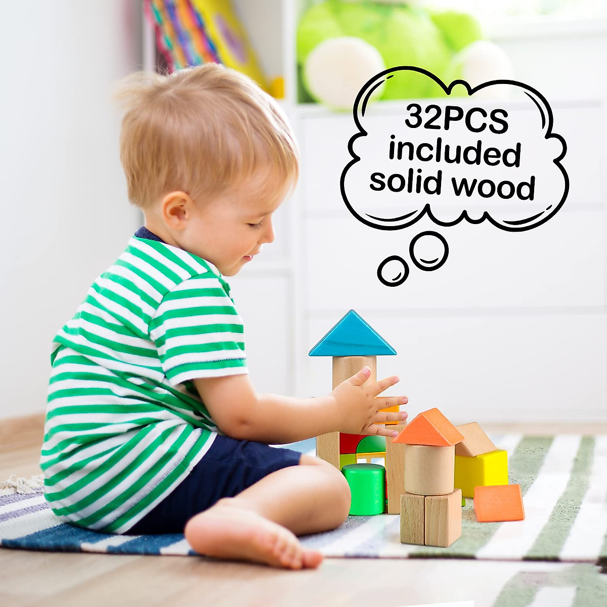 FOPNETS Large Wooden Blocks Construction Building Toys Set Educational Preschool Learning Toys with Carrying Bag Stacking 32 Pieces Toddler Blocks Toys for 3+ Year Old Boy and Girl Gifts