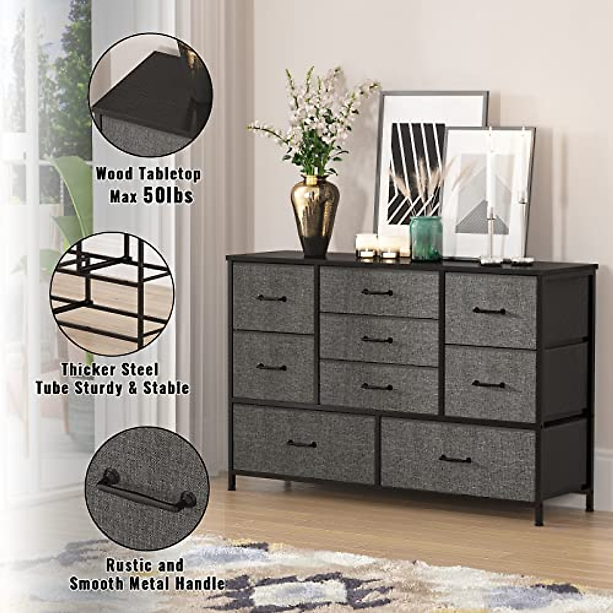 Furnulem Wide Dresser with 9 Large Drawers for 55'' Long TV Stand and 2 Nightstands with 3 Drawers, Small Dresser with Storage Shelf