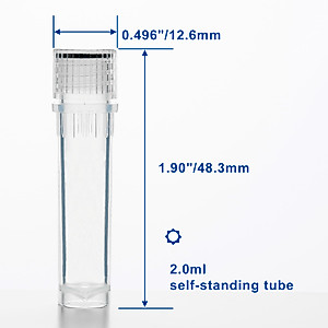 CryoKing Plastic Cryogenic Vials with Lids, Cryovial Storage Vile with Screw Caps, 2.0ml Collection Tubes for Liquid Culture (47.5mm, Self-Standing), 50 Vials/Bag, 10 Bags/Pack