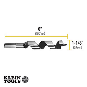 Klein Tools 53408 Steel Ship Auger Bit with Screw Point, 1-1/8-Inch x 4-Inch Twist Length For Drilling Through Wood with Nails