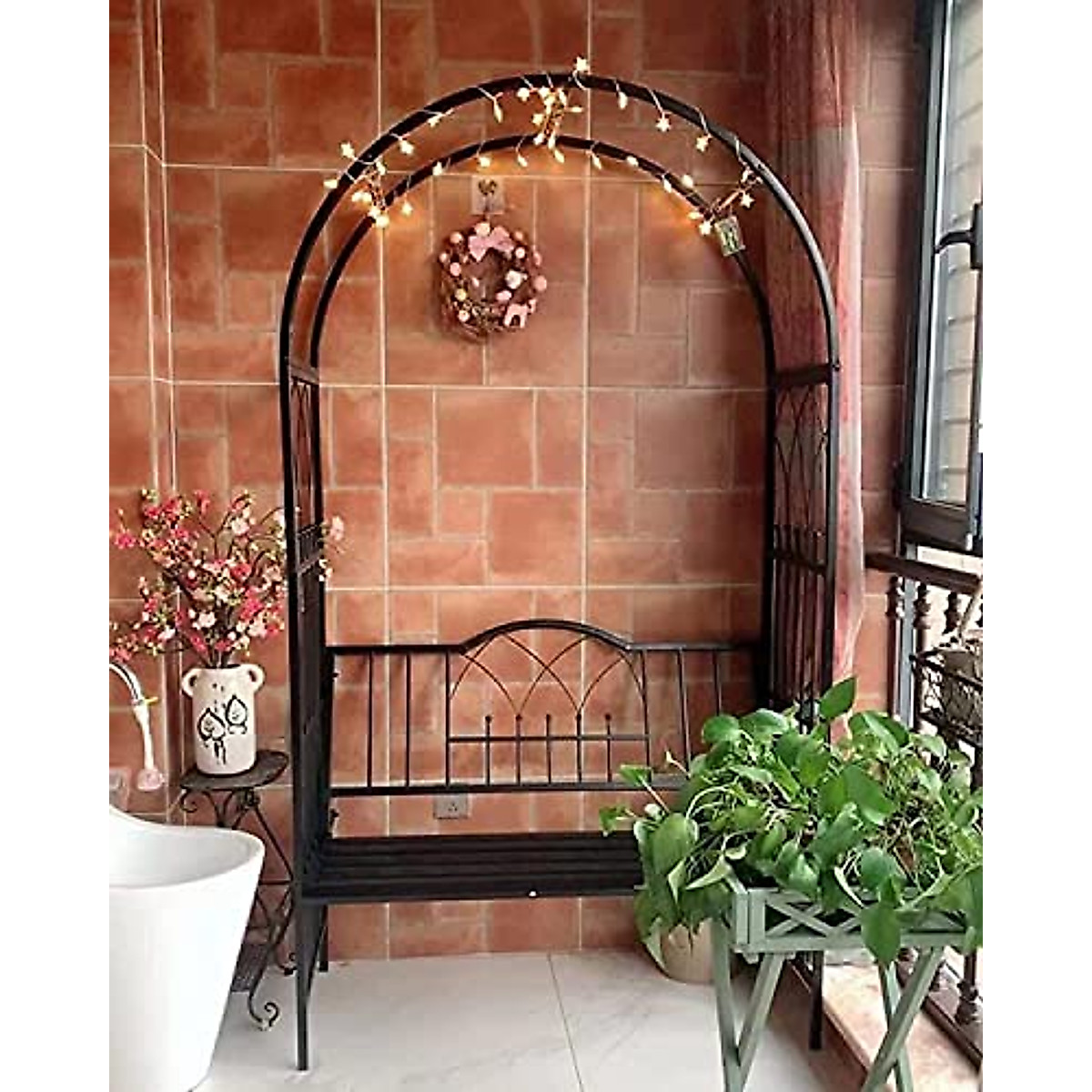 Outdoor Garden Archway with Bench Seat Metal Garden Arbor Trellis Garden Rose Arch 6.9ft x 3.7ft MetalGrape Rose Vines and Indoor Party Decoration (Black 114x210cm/3.7ftx6.9ft)