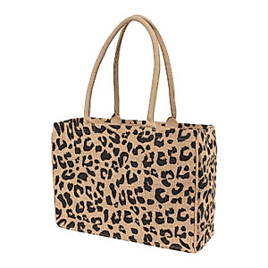 KAF Home Jute Market Tote Bag with Leopard Print, Durable Handle, Reinforced Bottom and Interior Zipper Pocket, Generous capacity, 12.5" tall x 17" wide x 7" deep