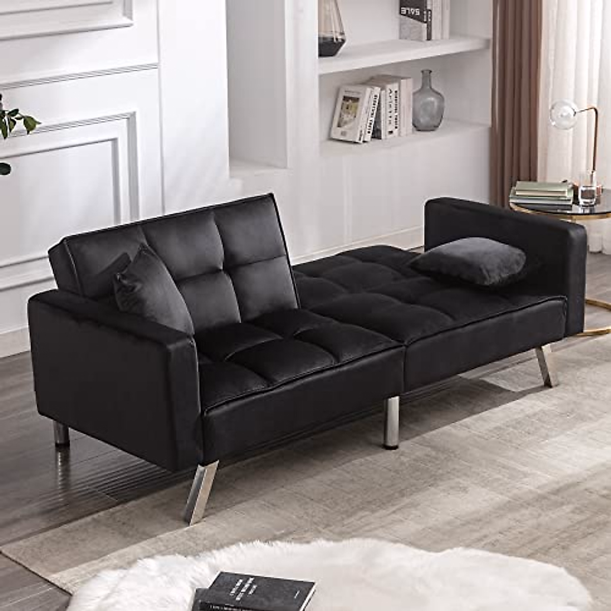 civama Futon Sofa Bed, 74" Modern Velvet Convertible Folding Lounge Couch, Upholstered Twin Size Sleeper Sofa with Arm 2 Pillows Split Back Design and Silver Metal Legs for Compact Space, Black