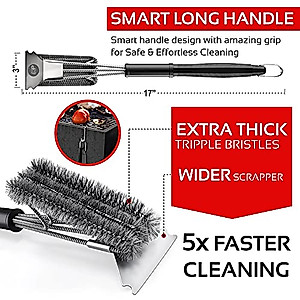 KP Grill Brush for Outdoor Grill – 3 in 1 BBQ Brush for Grill Cleaning & Grill Scraper w/Smart Grip Handle- Effortless Grill Cleaner Brush Grill Accessories +Bonus Metal Hanger & 3 Recipe eBooks