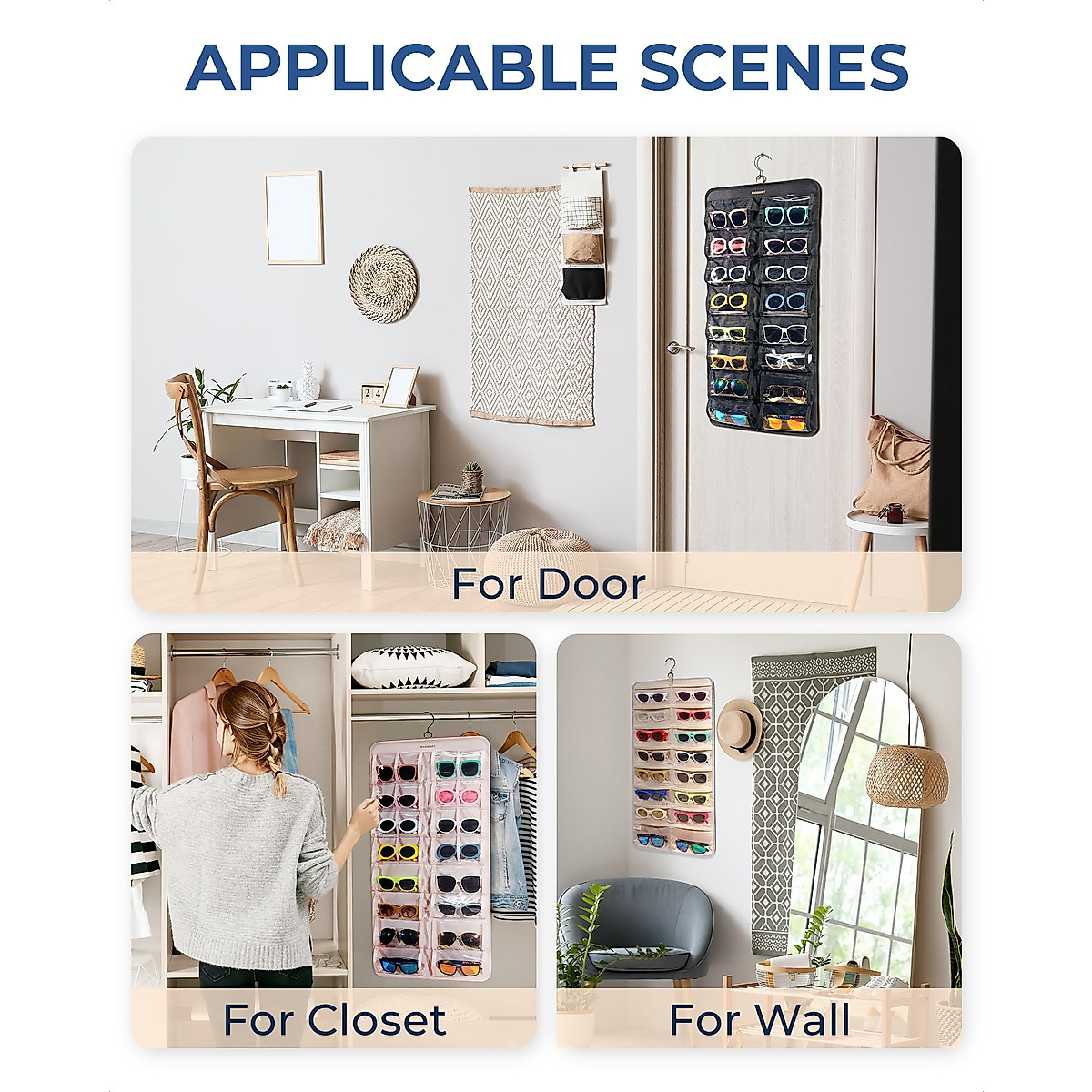 BAGSMART Hanging Jewelry Organizer, Dust Proof Sunglasses Storage Case Wall Mounted, Travel Dual Sided Glasses Case Multiple Pairs, Eyeglasses Holder with 32 Clear Slots & Metal Hook, Black