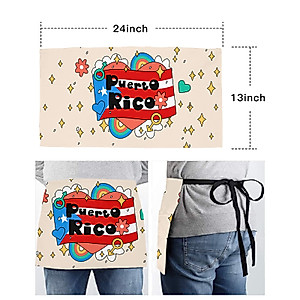 Puerto Rico Flag Rainbow Server Aprons with Pockets, Waiter Waitress Aprons Waterproof, Khaki Star Hearts Half Waist Apron for Restaurant Women Men, 24 x 13 Inch