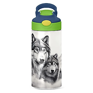 Kigai Gray Wolf Kids Insulated Water Bottle with Straw - Stainless Steel Travel Tumbler Double Wall Vacuum Leak Proof Kids Cup Hot for School Boys Girls