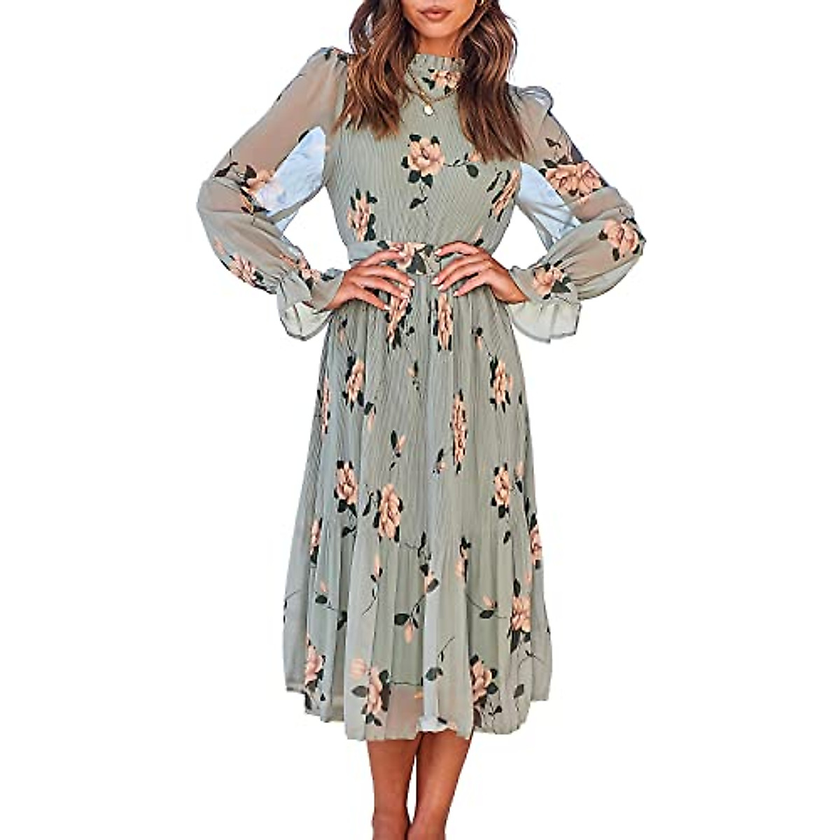 ANRABESS Women's Ruffle Midi Dress Floral Print Round Neck Long Sleeve Smocked Chiffon Dress A-Ling Swing Pleated Casual Dress 676luochenghua-S