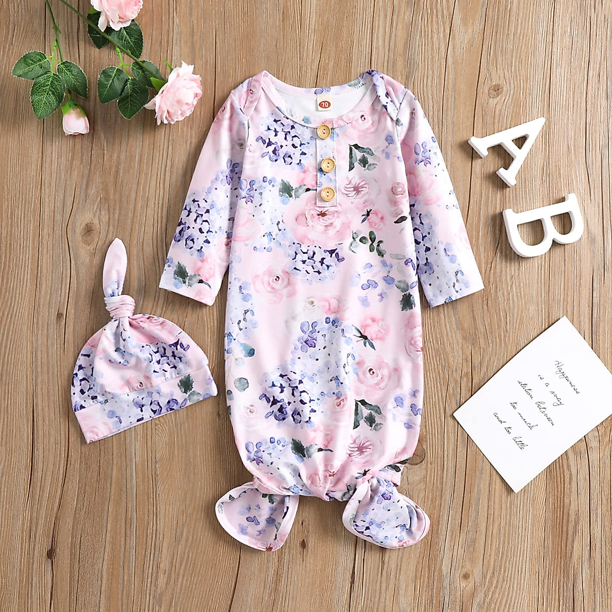 Fuzbavo Newborn Baby Girls Boys Cotton Sleeper Gown Infant Knotted Gown Hat Set … (Pink)