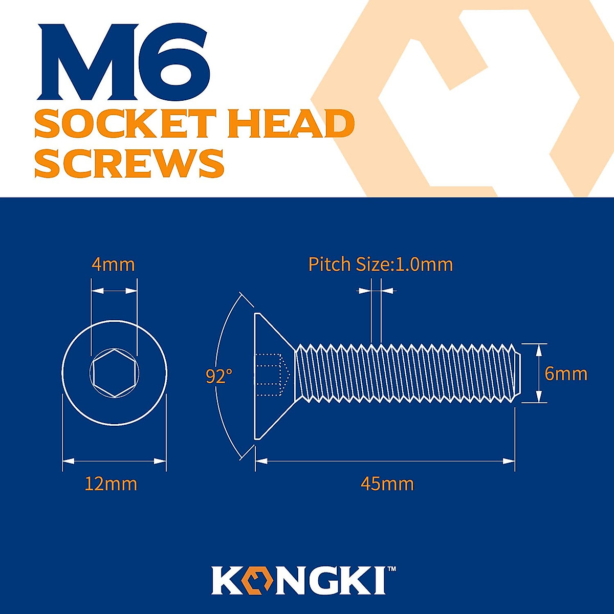 M6 45mm Flat Head Socket Cap Screws 304 Stainless Steel Allen Socket Drive Full Thread Machine Thread 25 PCS