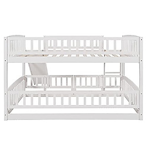 Harper & Bright Designs Full Over Full Low Bunk with Slide,Low Bunk Bed with Ladder,Wooden Bunk Bedframe with Fence for Toddler Kids Teens,No Box Spring Needed (White)