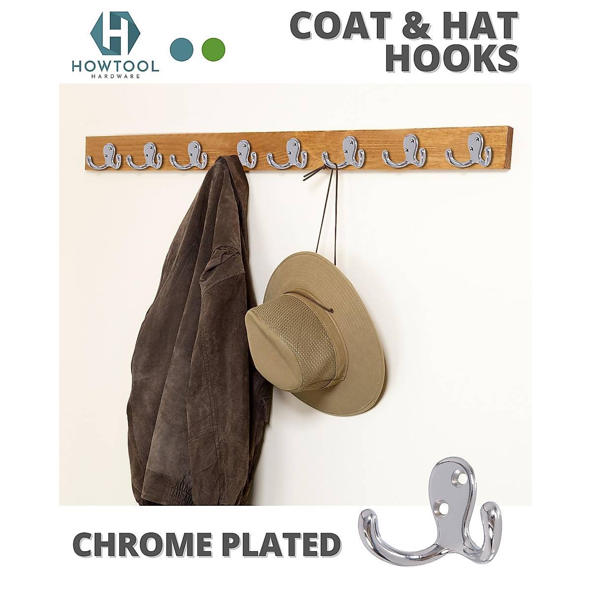 HOWTOOL Double Robe Hook 5 Pack Chrome with Screws Wall Mounted Towel Scarf