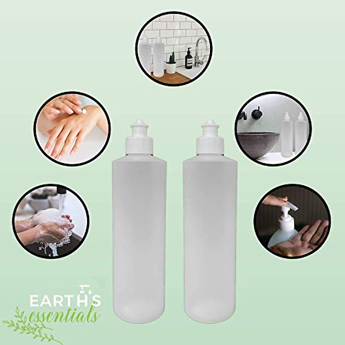 2 Pack Refillable 16 Ounce HDPE Squeeze Bottles With Push/Pull Button Top Dispenser Caps-Great For Lotions, Shampoos, Conditioners and Massage Oils From Earth's Essentials (White Cap)