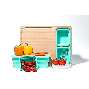 TidyBoard Meal Prep System - Bamboo Cutting Board - The Quick & Easy Meal Prep Solution, Teal