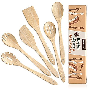Mooues 6 Piece Wooden Spoons for Cooking Set Bamboo Kitchen Utensils Set Smooth Surface Non-Stick Cooking Utensils Set Comfortable Grip Wooden Utensils for Cooking, Housewarming Holiday Gift