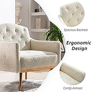 Luccalily Accent PU/Velvet Armchair,Upholstered Leisure Accent Living Room Chair, Comfy Armchair with Rose Golden Metal Legs,Mid-Century Modern Velvet Single Sofa Chair, White Teddy