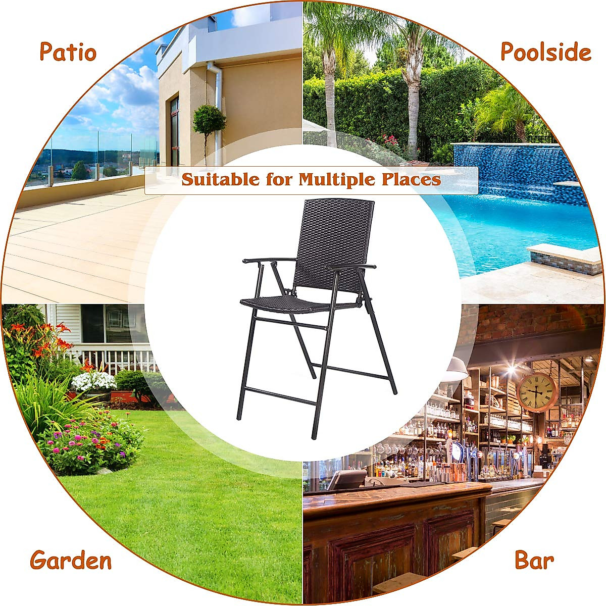 HAPPYGRILL Folding Wicker Rattan Bar Chairs Set of 4, Patio Tall Stool with Back, Steel Frame, Armrests and Footrest Bar Chairs for Garden Patio Furniture Set
