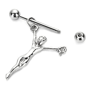 14G Surgical Steel Nipple Rings Dangly Jesus Nipplerings Straight Barbell Body Piercing Jewelry for Women Girls 1 Pair (14G; 16-14mm)