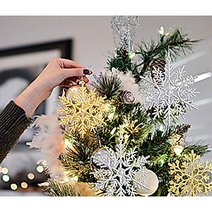 Lvydec 36pcs Christmas Glitter Snowflake Ornaments, Plastic Snowflakes Christmas Tree Decorations for Winter Holiday Party Decor, 4 Inch, Gold