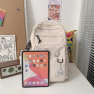 GAXOS Cute Aesthetic Backpack for School Middle Student Travel White Backpack Teens Girls Bear Pin Book Bags