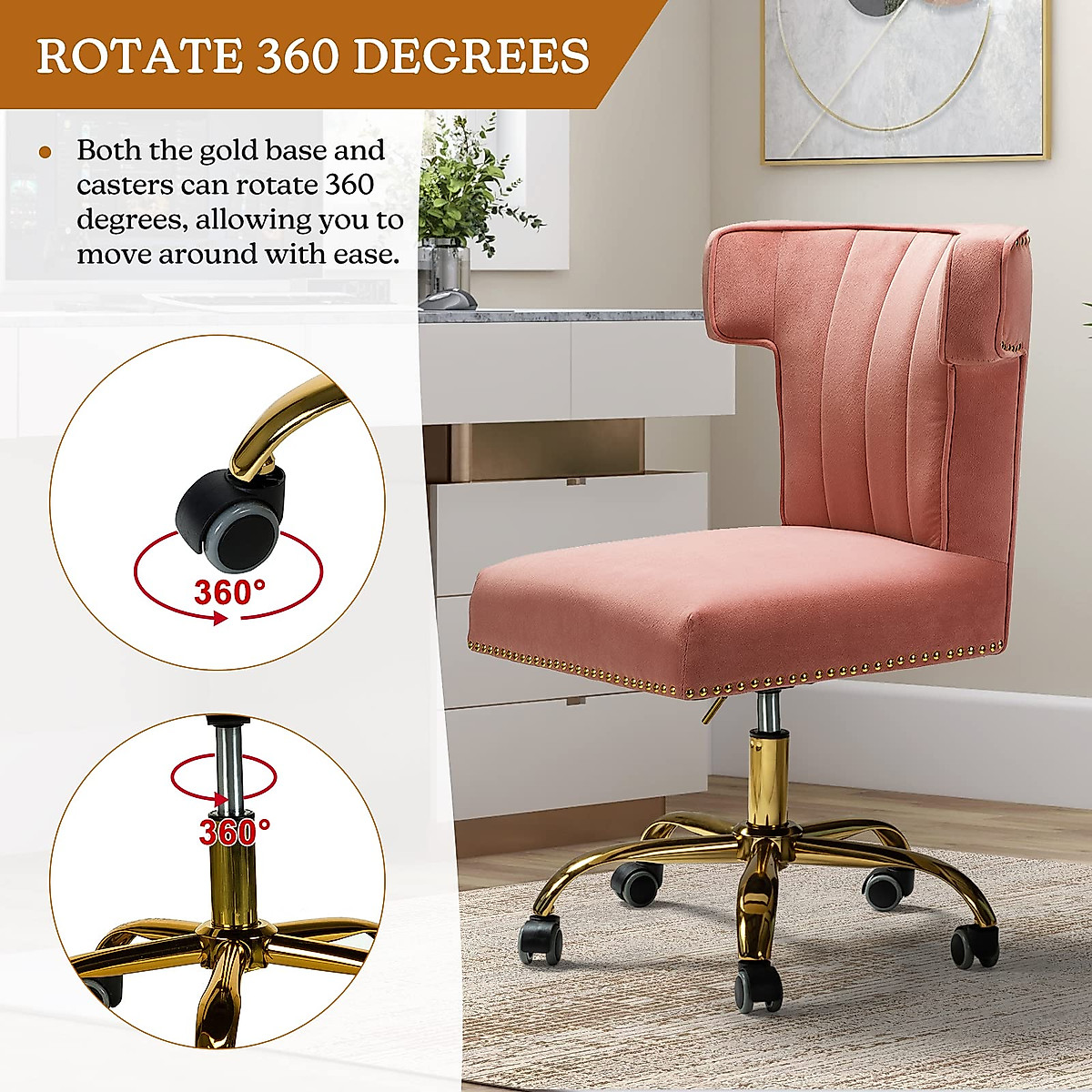 HULALA HOME Velvet Office Chair with Wingback and Decorative Nailhead, Adjustable Swivel Modern Armless Desk Chair, Cute Vanity Chair for Women (Gold Base, Fushia)