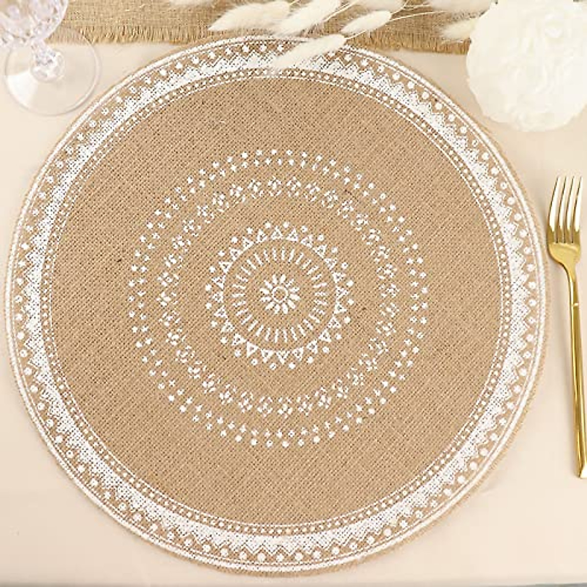TABLECLOTHSFACTORY 4 Pack | Natural 15" Jute & White Braided Placemats, Rustic Round Woven Burlap Table Mats