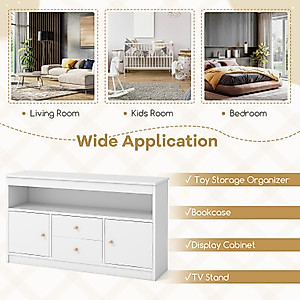 Costzon Toy Storage Organizer, Wooden Kids Bookshelf with 2 Drawers, 2 Cabinets & Open Shelf, Toy Organziers and Storage for Playroom, Bedroom, Nursery (White)