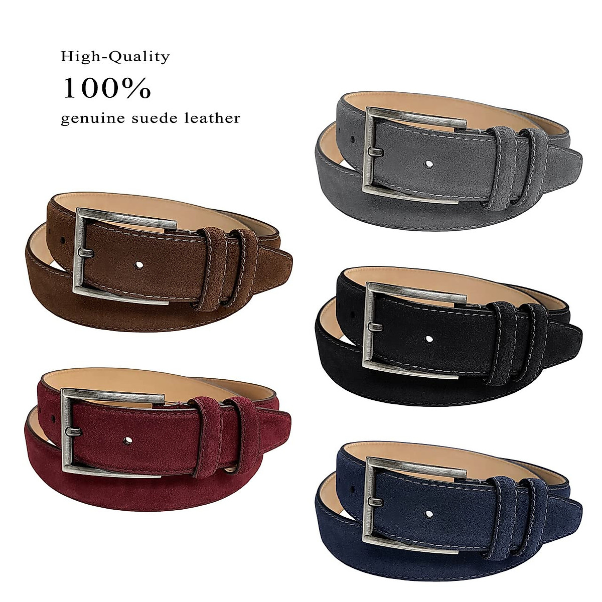 19000 Men's Suede Belt Genuine Leather Casual Dress Belt 1-3/8"(35mm) Wide (Gray, 34)
