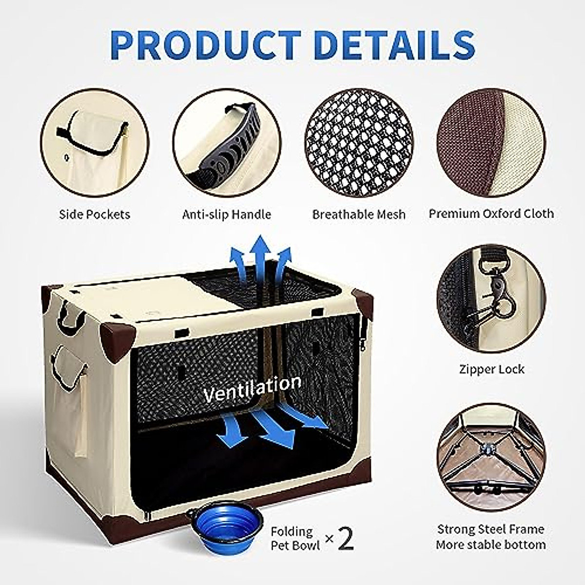 Pecait Soft Collapsible Dog Crate, 42 Inch Portable Travel Dog Crate for Extra Large Dogs 4-Door Durable Breathable Mesh Window Indoors Outdoors Kennel with 2 Foldable Dog Bowls (Beige)