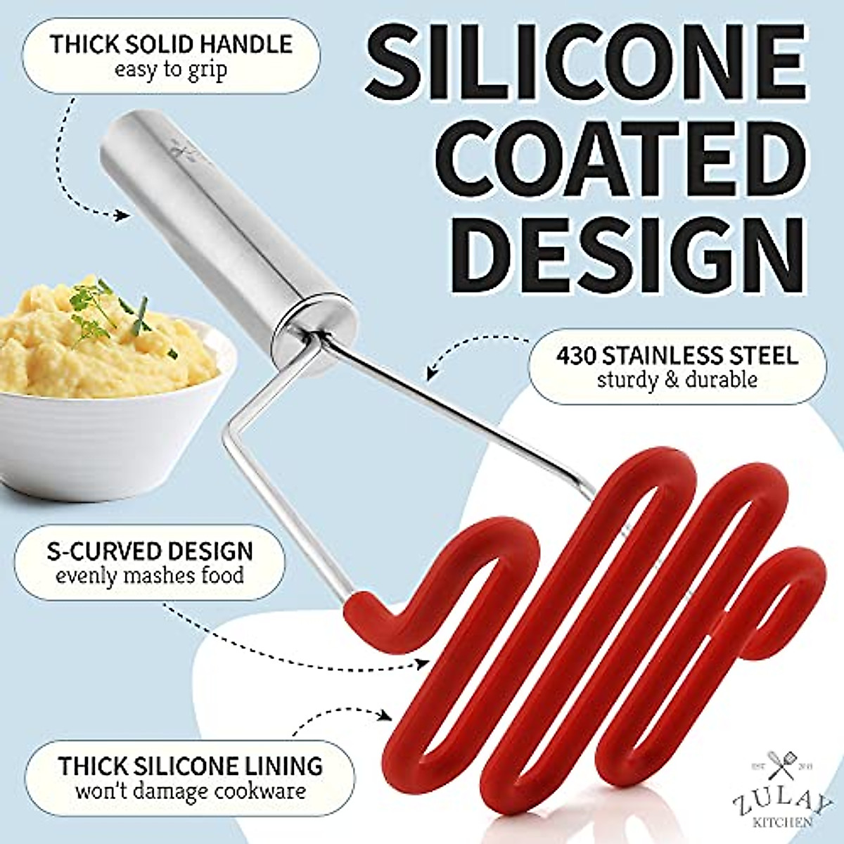 Zulay Kitchen Non-Scratch Potato Masher Kitchen Tool - Durable Stainless Steel Wrapped in Premium Silicone Mashed Potatoes Masher - Versatile Masher Hand Tool & Potato Smasher (Red)