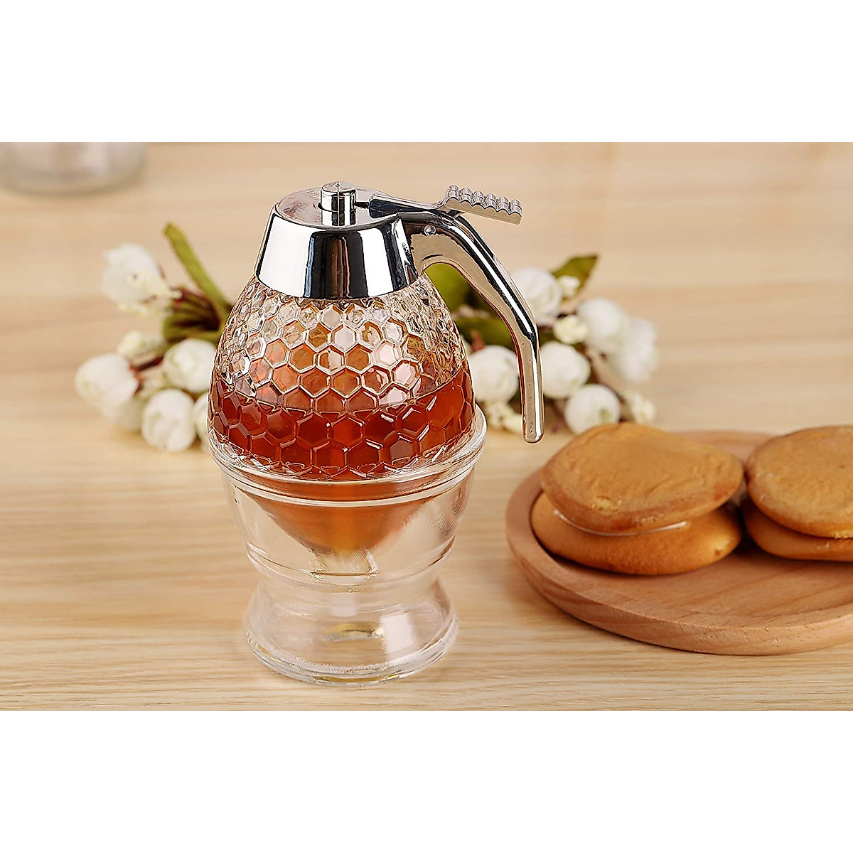 Honey Dispenser No Drip Glass - Maple Syrup Dispenser Glass - Beautiful Honey Comb Shaped Honey Pot - Honey Jar with Stand, Great Bee Decor