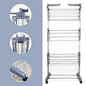 YOUUD Clothes Drying Rack 3-Tiers with Retractable Trays, Collapsible Shelves, Rolling and Base with Casters, Stainless Laundry Dryer Indoor/Outdoor Standing Rack