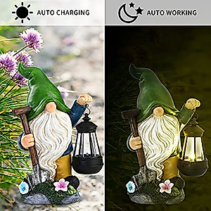 Aismio Garden Gnome Statue with Solar Lights, Large Garden Statue and Sculpture with Lantern, Funny Resin Gnome Garden Figurines for Outdoor Patio Lawn Yard Decor 13 inch Ornament Gift(Shovel)