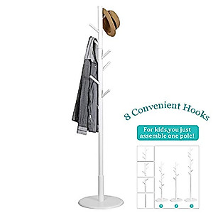 Vlush Wooden Coat Rack Free Standing, Coat Hat Tree Coat Hanger Holder Stand with Round Base for Clothes,Scarves,Handbags,Umbrella-(8 Hooks, Ivory White)