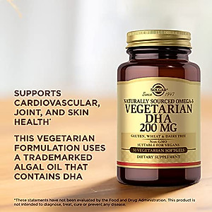 Solgar Vegetarian DHA 200 mg - 50 Vegetarian Softgels - Naturally Sourced Omega-3 - Vegan, Gluten Free, Dairy Free - 50 Servings