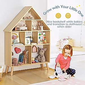 Curipeer Kids Bookshelf and Toy Storage, Wooden Stand Dollhouse Bookshelf, 4-Tier Baby Bookcase Display Organizer with Legs, Children Bookshelf for Nursery, Playing Room, Natural Wood Color