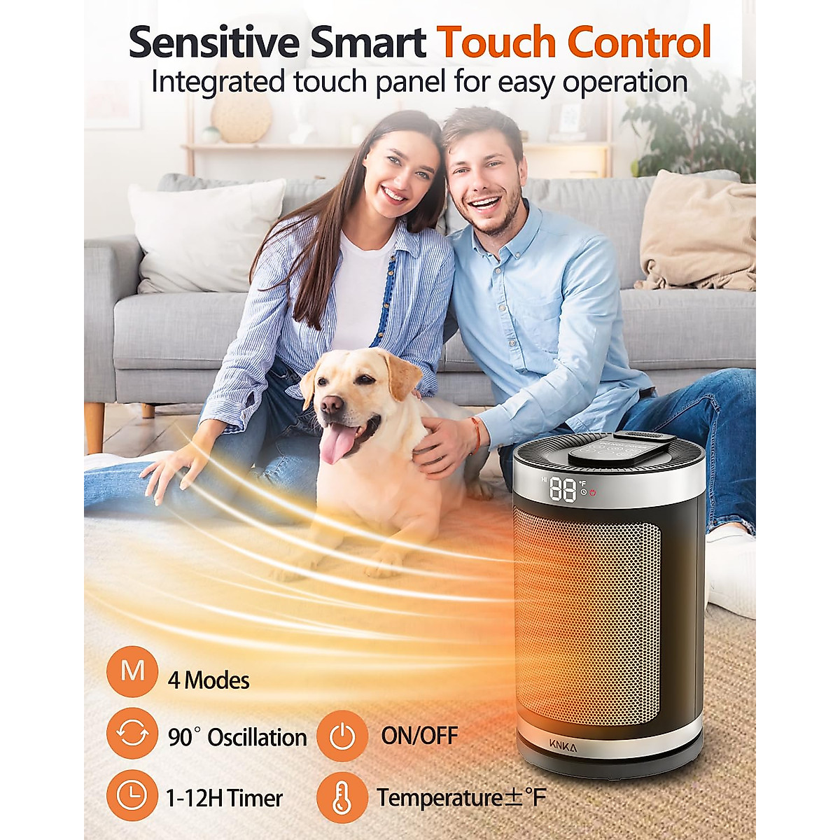 KNKA Space Heaters for Indoor Use, Portable Electric Heater with Thermostat, 90° Oscillation, 4 Mode, 12H Timer, 1500W Fast Safe Heating Ceramic Heater for Bedroom, Home, Office - ETL Certified, 9.4"