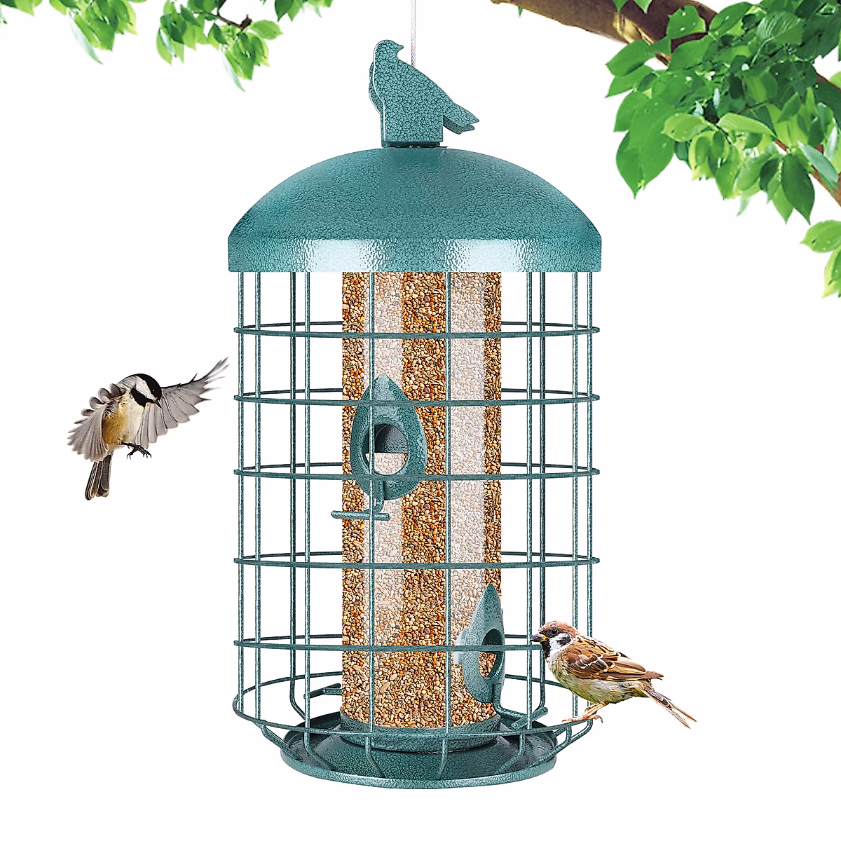 Yinns Caged Bird Feeder for Outside, Large Squirrel Proof Metal Bird Feeders 3 Lbs, Wild Bird Feeder Hanging Outdoors Tube Feeders with 4-Ports, Waterproof (Green)