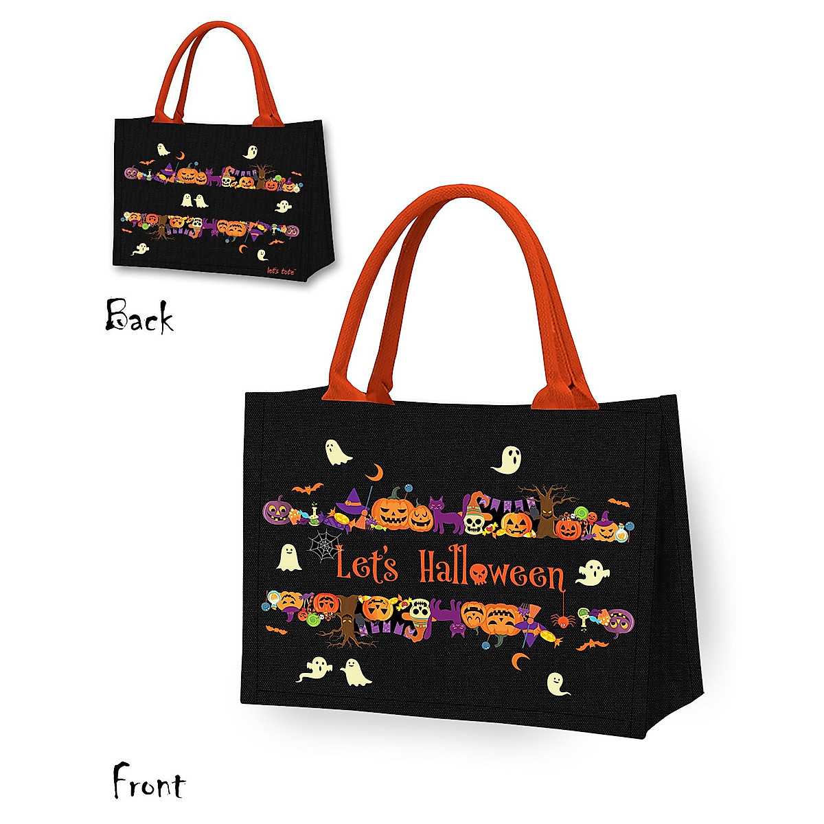 Let's Tote Halloween Canvas Candy Tote Bag With Handle, Ghosts Glow In The Dark, Great Pumpkin Halloween Party Gift. Reusable Bag for Trick or Treat, Candy Bucket. (Large)