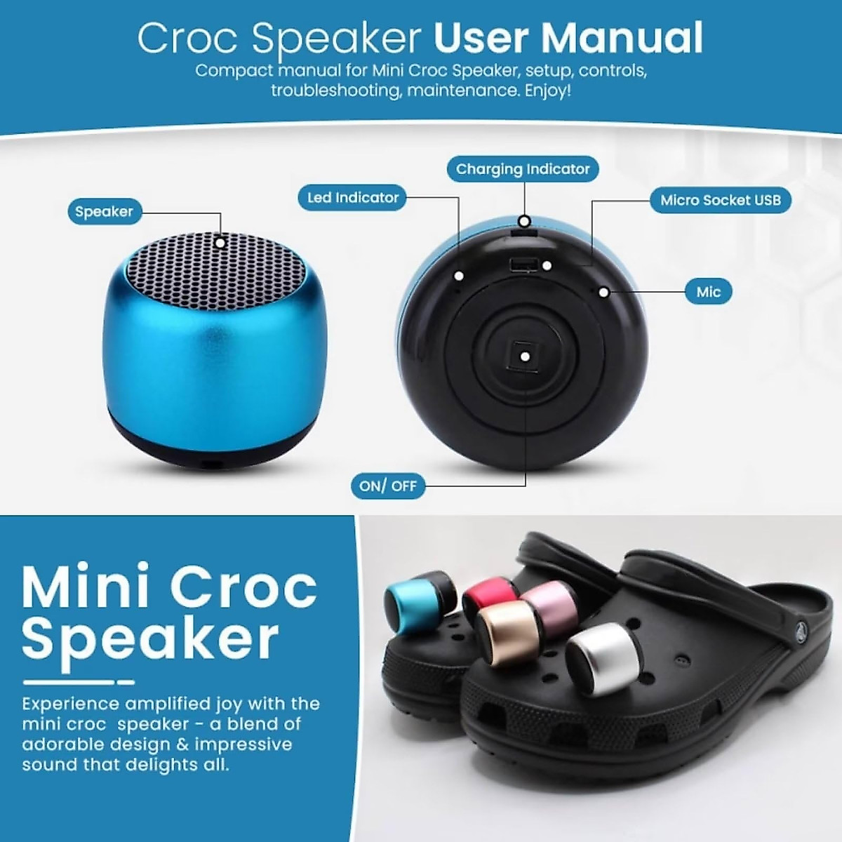 UUEENN Clog Speaker, Mini Speaker for Clog, Halloween Mini Speaker, Bluetooth Clog Charm, Blue