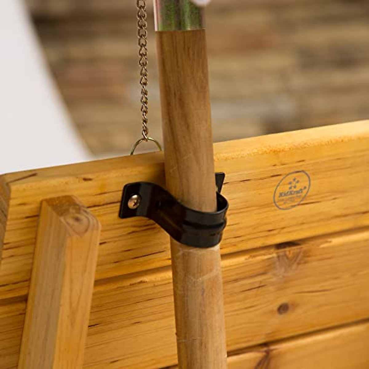 KidKraft Outdoor Wooden Chaise Lounge, Backyard Furniture Chair with Umbrella and Cushion, for Kids or Pets, Navy and White Striped Fabric