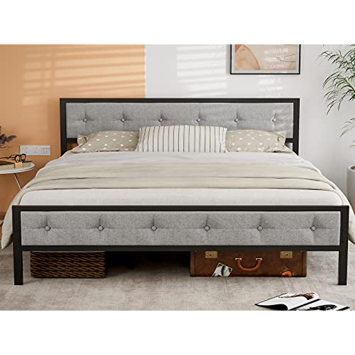 IKIFLY Metal California King Size Bed Frame with Upholstered Linen Headboard Footboard, Mattress Foundation, Heavy Duty Metal Slats, Easy Assembly, No Box Spring Needed - Light Grey/Cal King