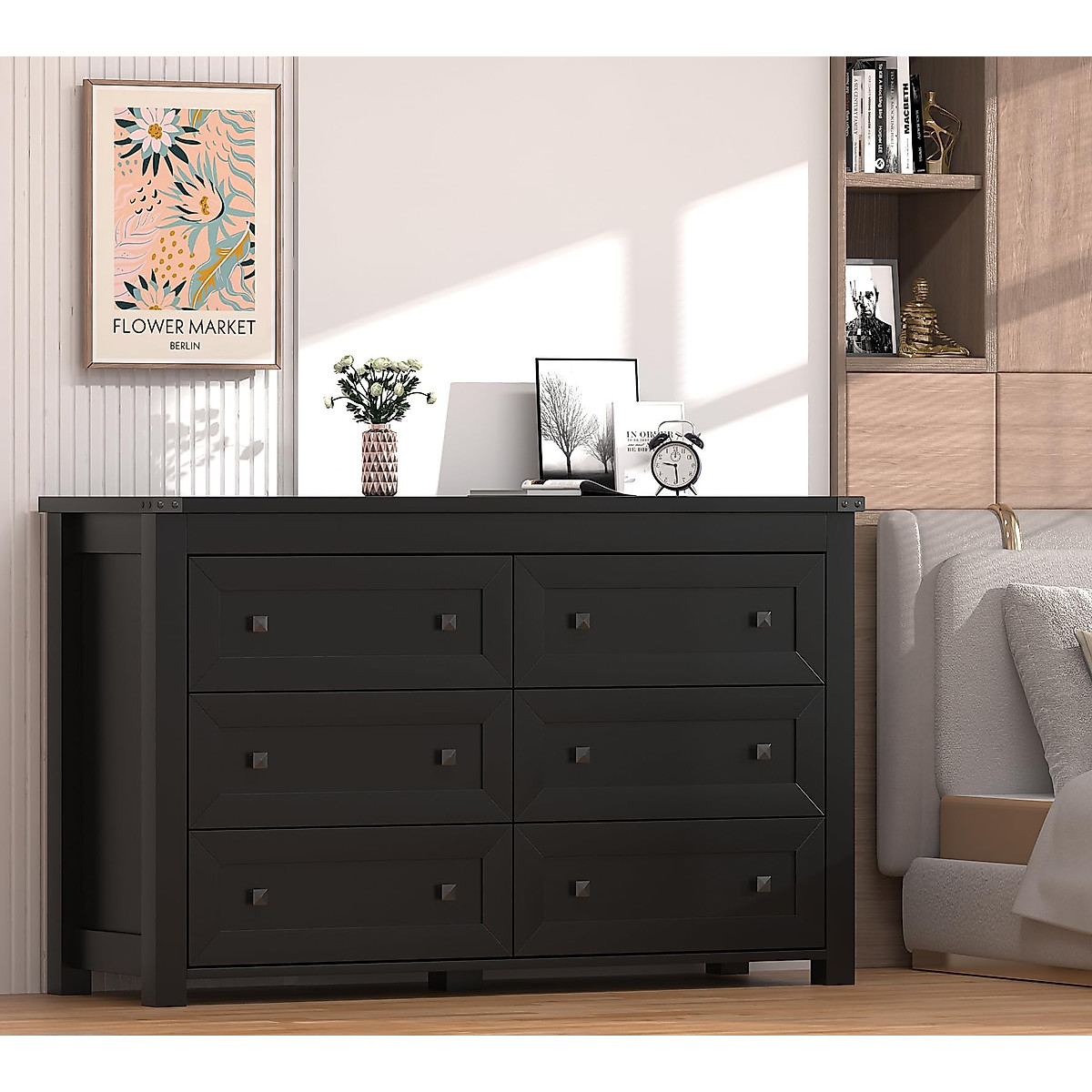 Boonatu Black Dresser for Bedroom with 6 Drawers, Wood Dressers Chest of Drawers with Metal Handles, Modern Bedroom Dresser with Drawers for Closet Hallway, Living Room, Black