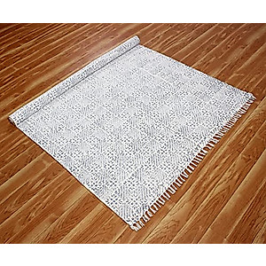 Casavani Hand Made Cotton Dhurrie Abstract Blue & Beige Tassel Rug Easy Care Washable Rugs for Doormat Entryway Living Room Bedroom Hallway Balcony 12x12 Feet Square