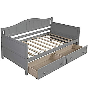 cjc Twin Daybed with 2 Storage Drawers, Wooden Storage Daybed Frame with Slats, Sofa Bed for Bedroom Living Room, 275 lbs Weight Limits (Gray)