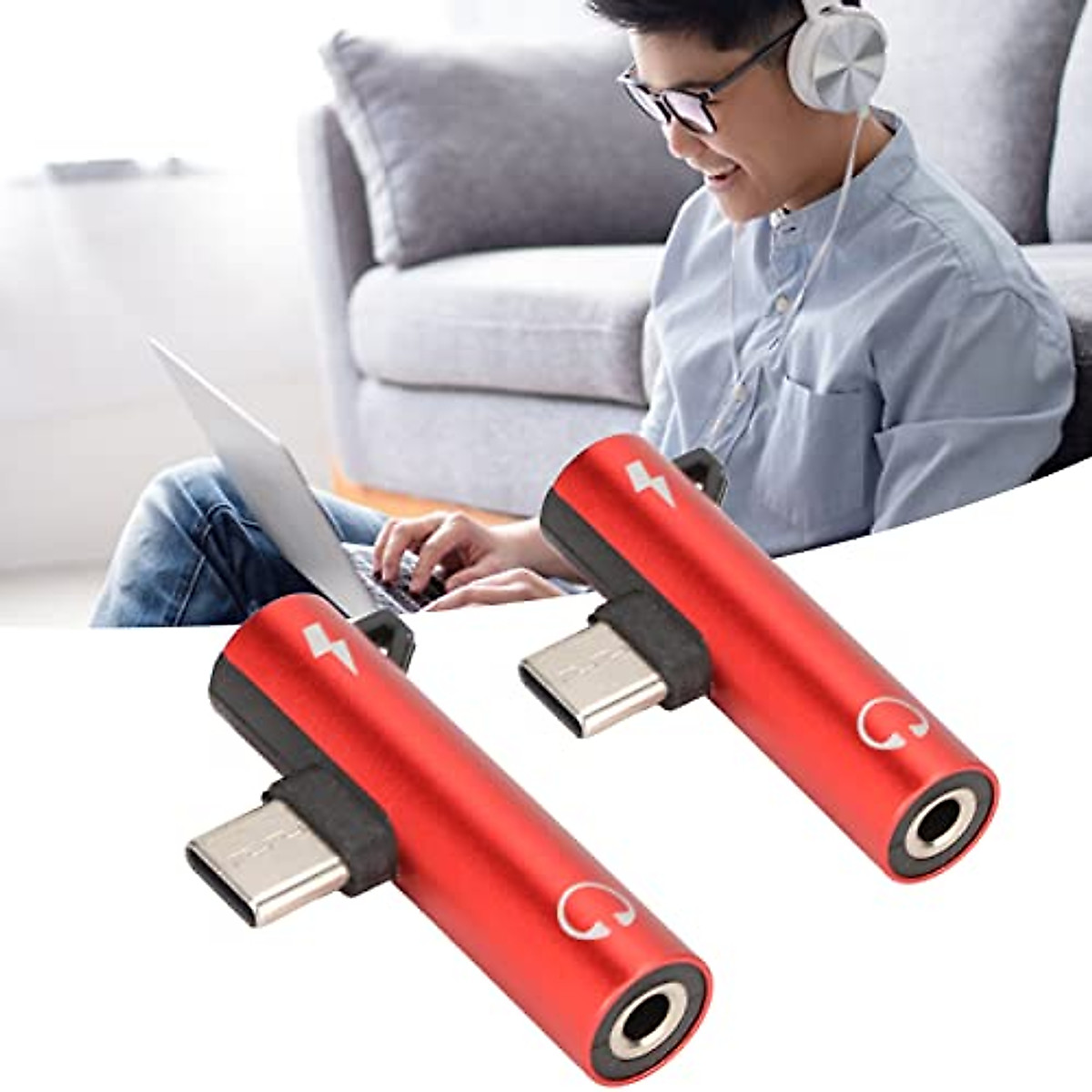 Sanpyl 2Pcs USB C to 3.5mm Audio Adapter, 2 in 1 Type C to 3.5mm Headphone and Charger Adapter ABS Audio Jack Charging Cord for Tablet PC Phones Red